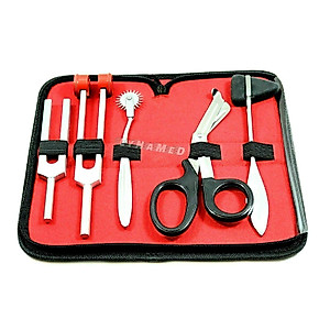 New 5 Piece Student Diagnostic Kit - Reflex Taylor Hammer and Tuning Fork Set C 128 and C 512. Includes Wartenberg Pinwheel, Premium Steel Bandage Scissor 7.5” Black