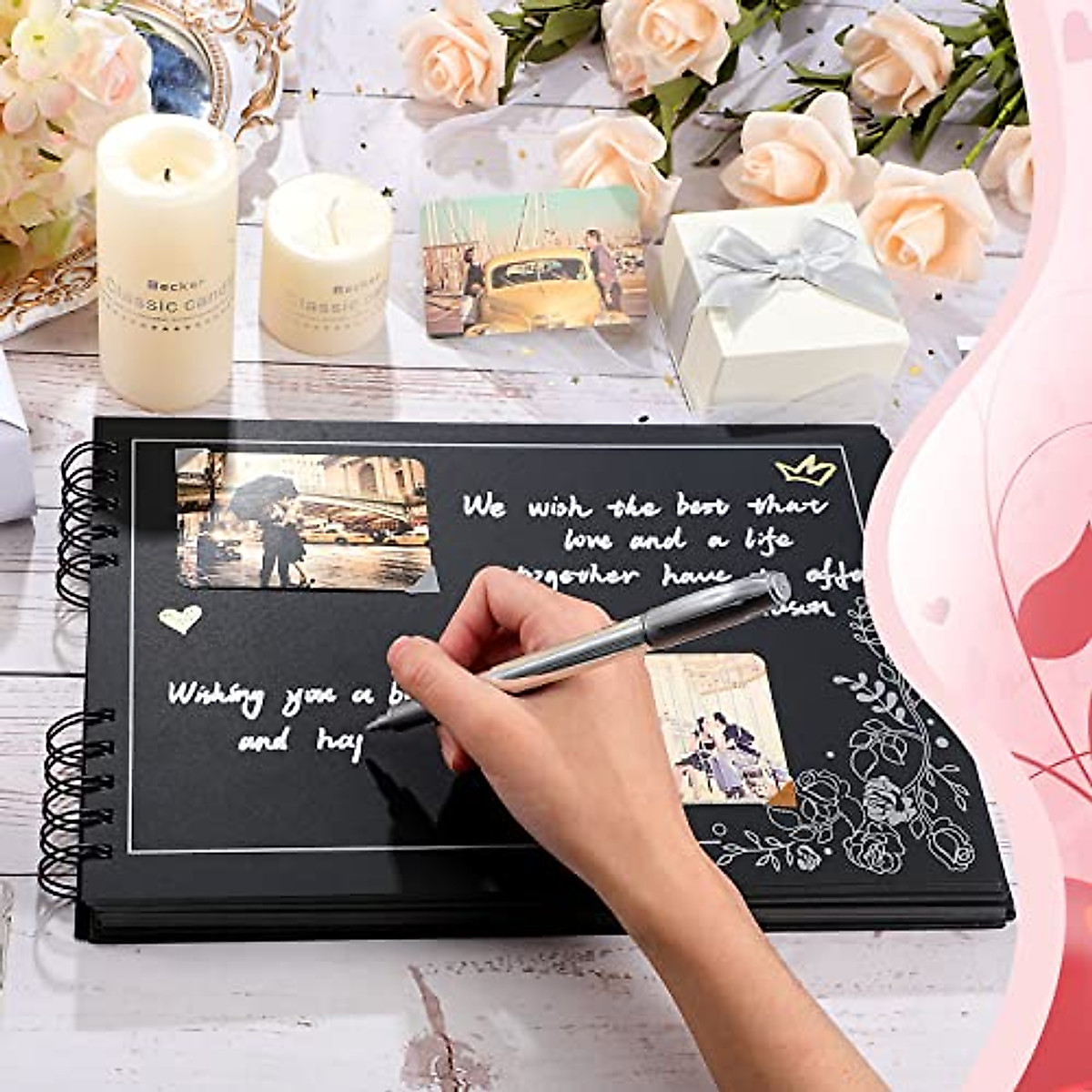 Wedding Guest Book 12 x 8 Inch Hard Cover Photo Album Sign in Registry Guestbook Scrapbook with Silver Foil Gilded Edges Ribbons 100 Pages Black Hardbound Book with 2 Pens 4 Photo Corners for Wedding