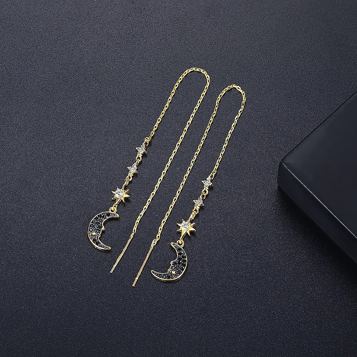 Black CZ Moon Threader Dangle Drop Earrings for Women Girls 14K Gold Plated Crystal Rhinestone Tiny Stars Ear Lines Tassel Chain Dangling Statement Earring Dainty Jewelry