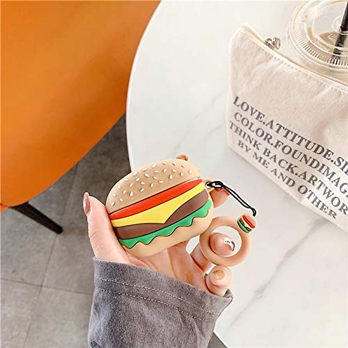BONTOUJOUR AirPods Pro Case, Creative Fun Food Potato Chips Hamburger Shape Matte Surface TPU Silicone Cover Protective Skin for Apple AirPods Pro +Ring Lanyard -Hamburger