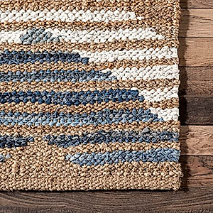 nuLOOM Hand Braided Marla Denim And Jute Diamonds Runner Rug, 2' 6" x 8', Off-white
