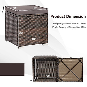 Tangkula 2 Pieces Patio Ottomans, Patiojoy Hand-Woven PE Rattan Side Table with Removable Cushion & Hidden Storage Space, Multifunctional Storage Box, Seat for Patio, Backyard, Poolside (Grey)