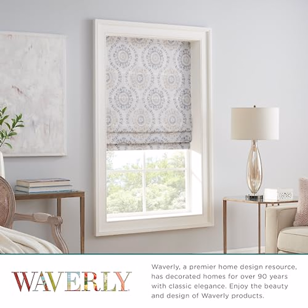 Waverly Adonis Medallion 100% Blackout Roman Shade, Cordless and Noise Reducing Window Shade for Privacy, Thermal Window Treatments for Energy Saving Benefits, 27 in Wide x 64 in Long, Natural