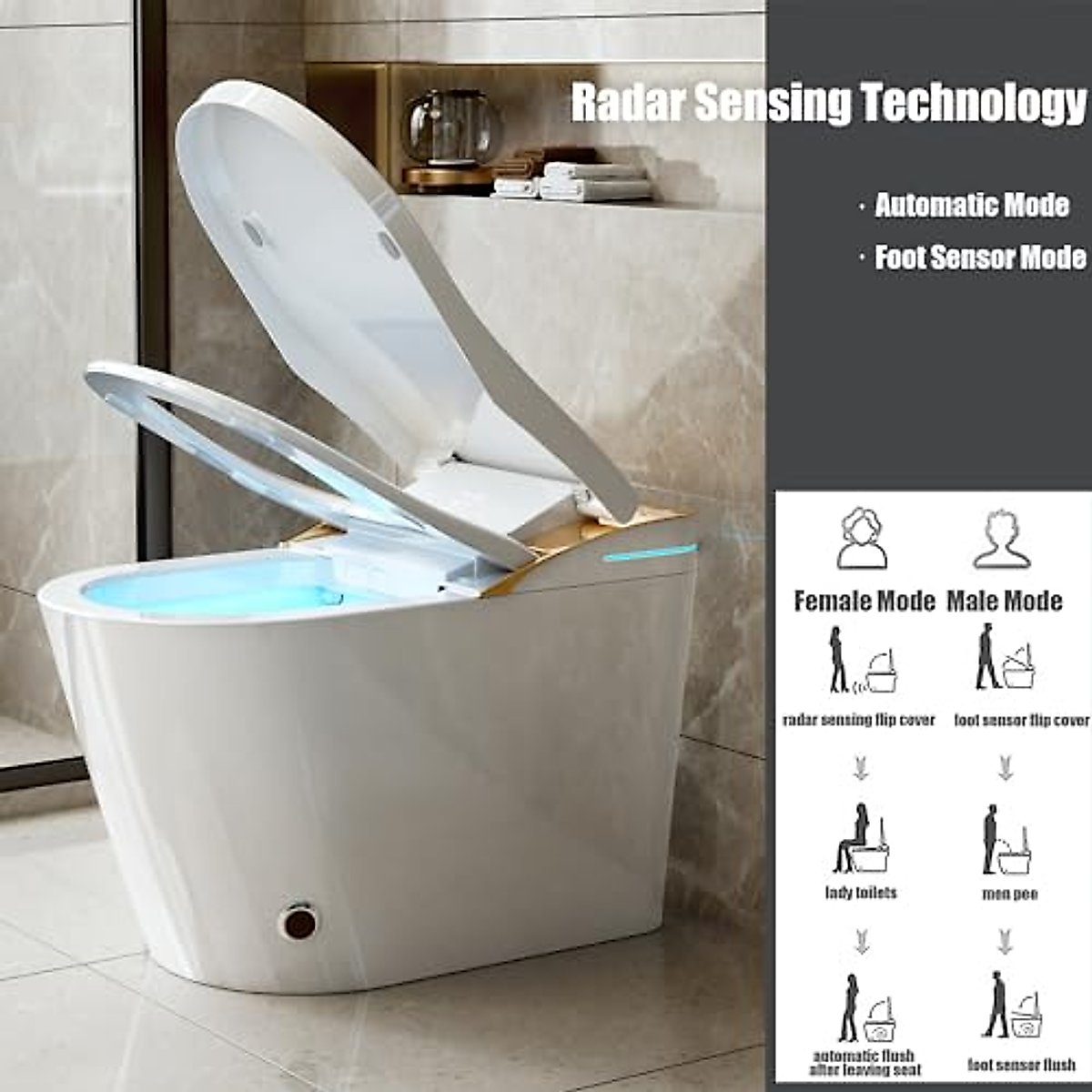 One Piece Elongated Smart Toilet Bidet with Auto Open & Close, Auto Flush, Foot Sensor Flush, LED Temperature Display, Heated Seat and Integrated Multi Function Remote Control