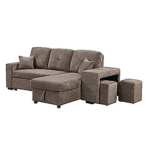 Merax Reversible Sleeper Sectional Sofa Bed with Side Shelf and 2 Stools,Pull-Out L-Shaped Couch with Storage Chaise Left/Right Hande for Living Room Love Seats, Knox Charcoal