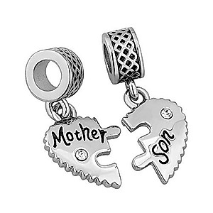 LilyJewelry Heart Love Mom Mother Son Charm Puzzle Dangle Beads For Snake Chain Bracelet
