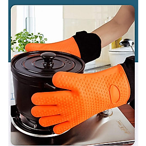 Pair of 2 Grilling Gloves, Heat Resistant Gloves BBQ Kitchen Silicone Oven Mitts, Long Waterproof Non-Slip for Barbecue, Grilling and Cooking in The Kitchen (Orange)