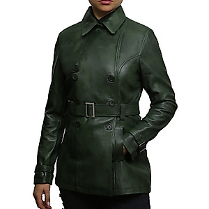 Brandslock Womens Genuine Leather Biker Jacket Coat (Olive, L)