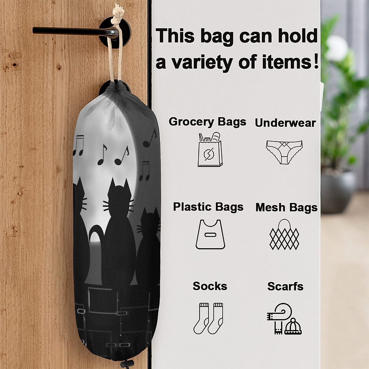 Animal Cat Plastic Bag Holder, Music Note Grocery Bag Storage Holder Hanging Garbage Shopping Bag Trash Bags Organizer for Kitchen Home