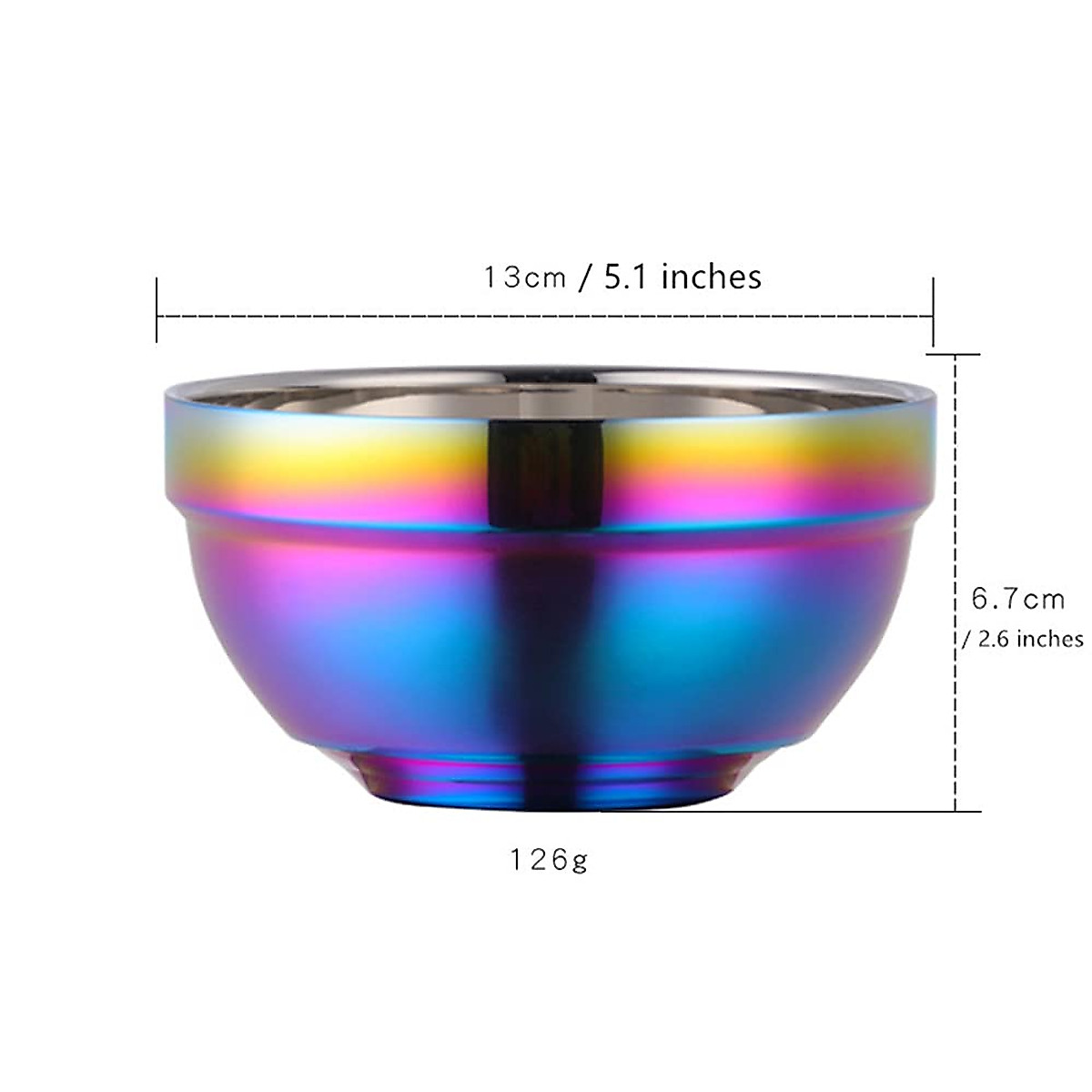 Large Rainbow 304 Stainless Steel Bowl Set of 4, Double-Walled Heat Insulation Anti-Scalding Kitchen Soup Bowls, Drop Resistance Children Bowl Salad Bowl Set for Mixing (5.1 Inches Diameter)