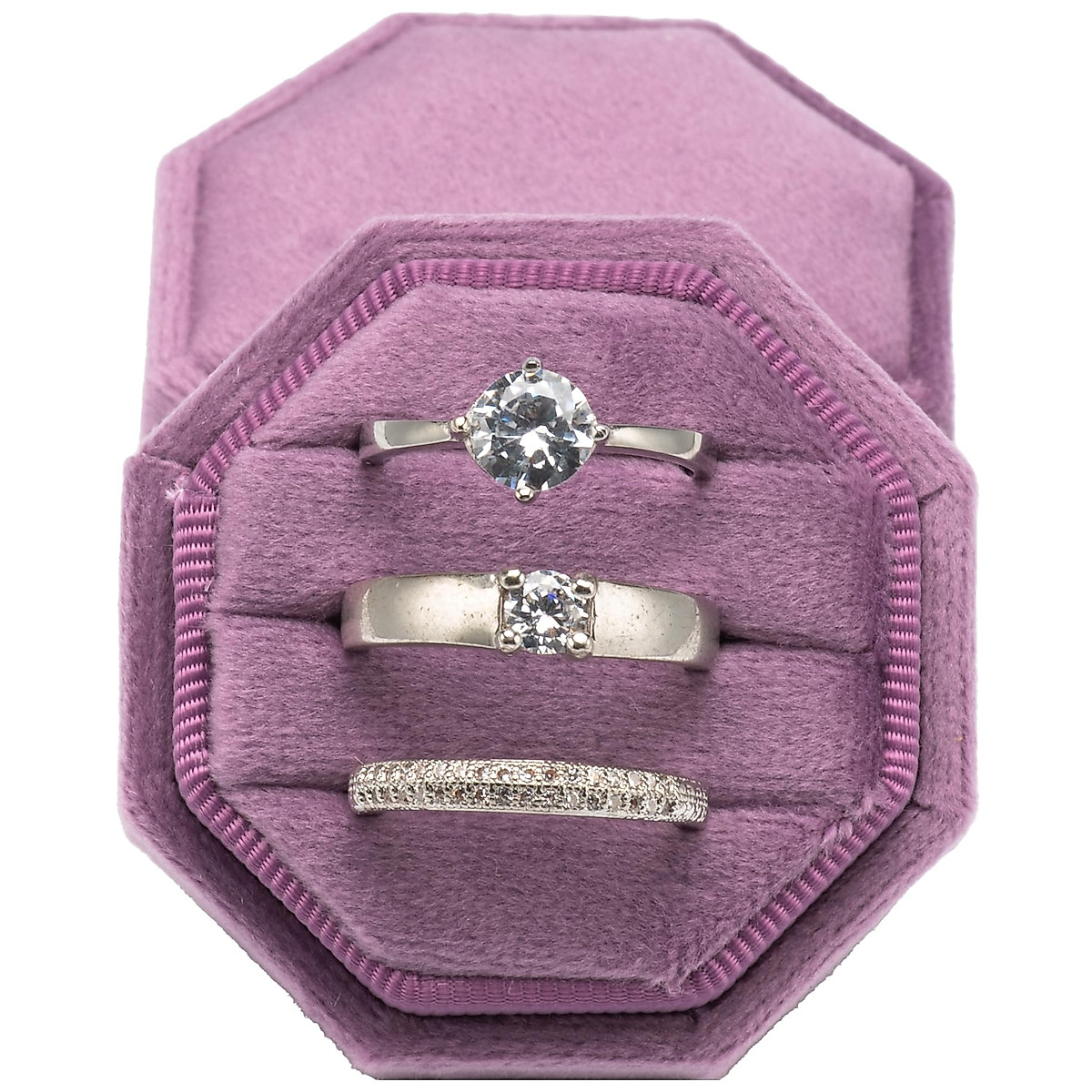 Giftop Equal Octagon Velvet Ring Box Storage 3 Slots for Wedding Ceremony Proposal Engagement Birthday Gift (Purple)