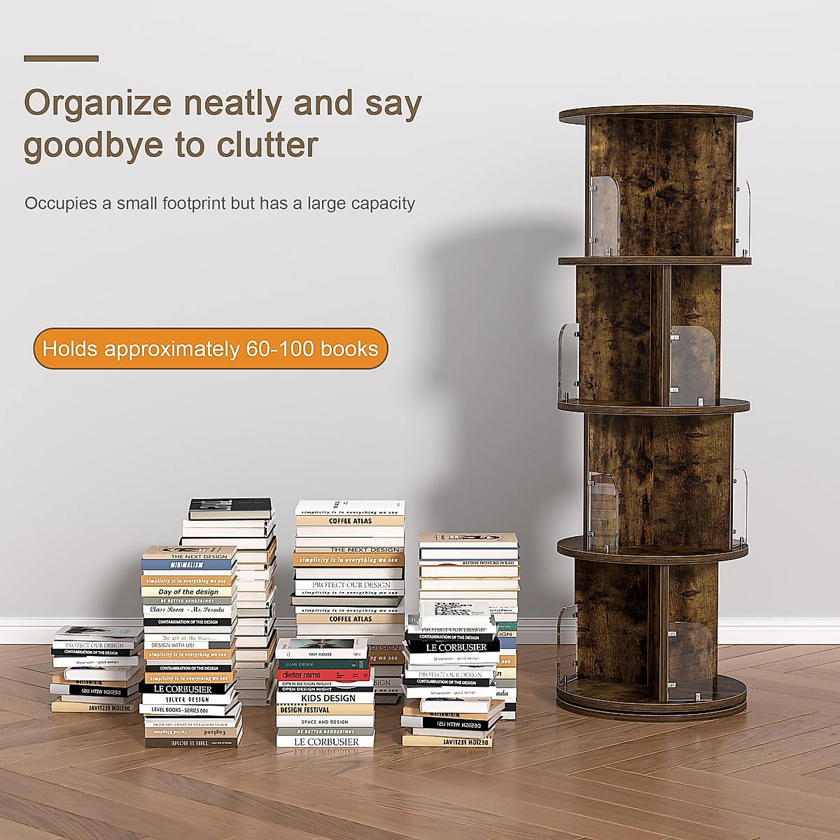 VECELO 4 Tier Revolving Bookshelf Tower, 360° Display Floor Standing Storage Rack with Acrylic Visible Window Partition for Bedroom, Living Room Home and Office, Brown