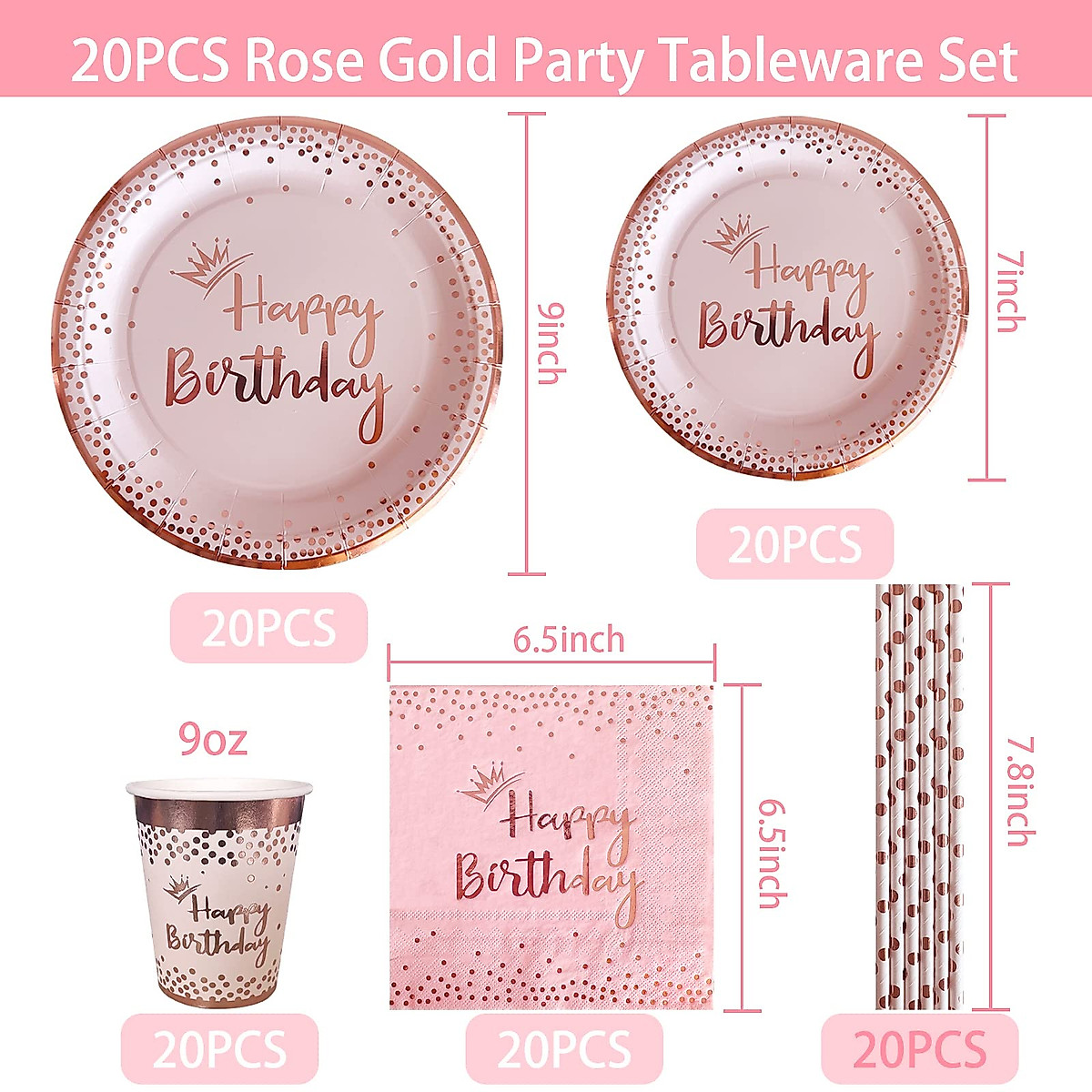100Pcs Pink Birthday Plates rose gold plates and napkins party supplies for Girl Women