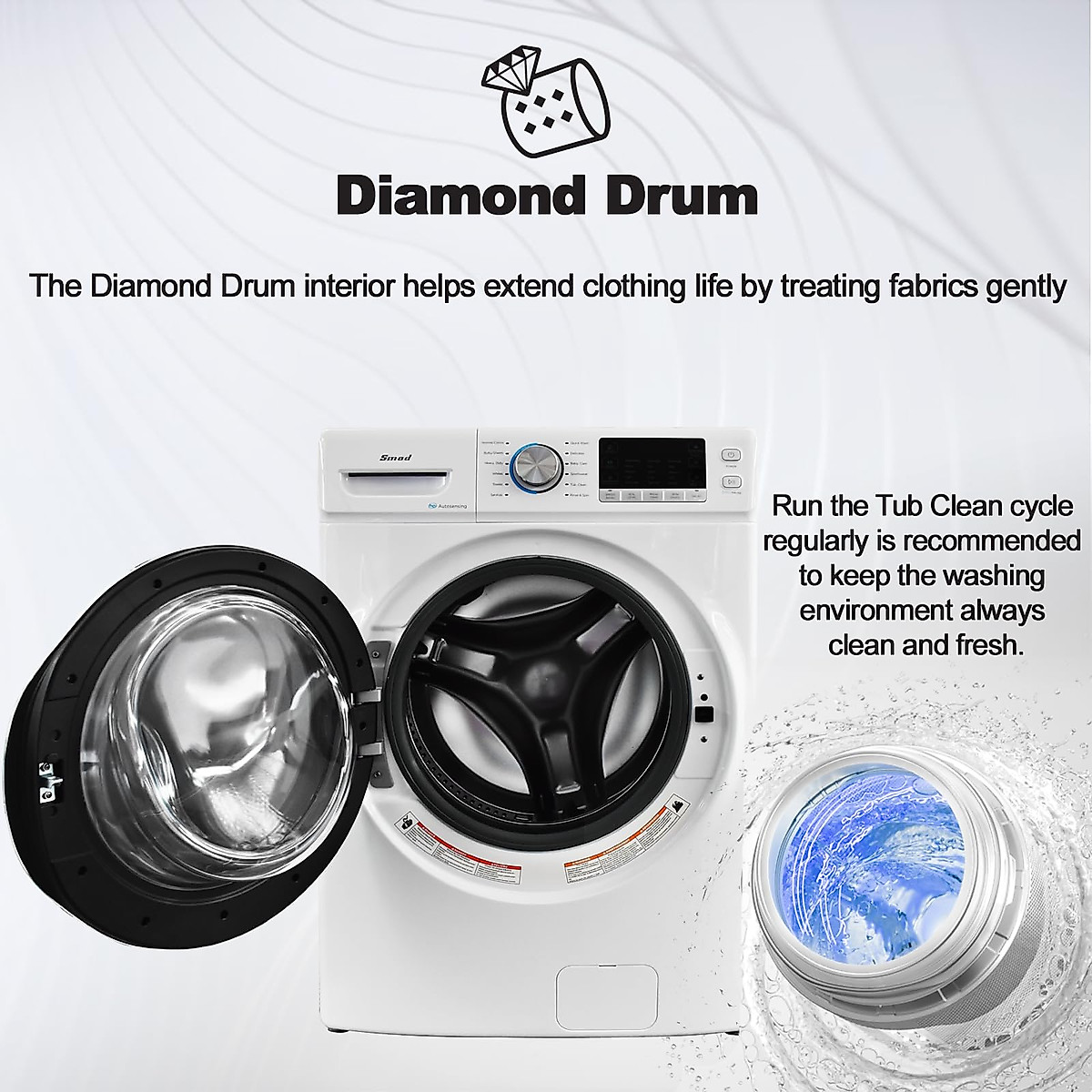 Smad 27 in. 4.5 Cu. Ft. Front Load Washing Machine with Quiet Inverter Motor, Steam and Water Plus Functions, Quick Wash, 12 Washing Cycles, 120V, White