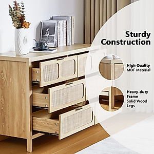 QEIUZON 6 Drawer Dresser, Modern Rattan Dresser Chest with Wide Drawers and Metal Handles, Farmhouse Wood Storage Chest of Drawers for Bedroom, Living Room, Hallway, Entryway (Natural-6 Drawers)