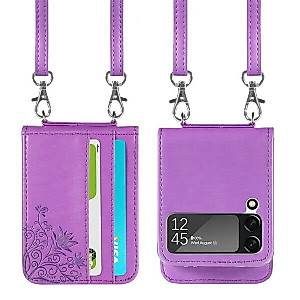 EAXER Design for Samsung Galaxy Z Flip 4 Case, PU Leather Card Slot Folding Case Cover Hand Strap Wallet Case Crossbody Strap Protective Case Cover (Purple)