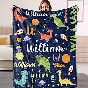 Personalized Dinosaur Throw Blanket for Boys Custom Name Soft Flannel Blanket for Kids Dino Outspace Plush Navy Blue Blanket Gift Birthday Christmas Baby Nursery Room Decor, 30 X 40inch