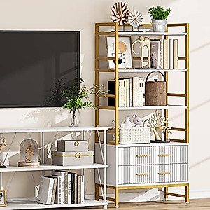 Tribesigns Gold White Bookshelf with 2 Drawers Striped, Tall Ladder Shelf Bookcase with Storage, Modern Bookcases and Book Shelves 4 Shelf Organizer, Metal Wood Book Shelving Unit for Bedroom, Office