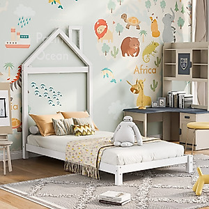 Twin Size House Platform Bed Frame Mattress Foundation with Headboard/No Box Spring Needed/Easy Assembly, White