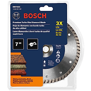 BOSCH DB742C 7 In. Premium Turbo Rim Diamond Blade with 7/8 In. Diamond Arbor Knockout for Smooth Cut Wet/Dry Cutting Applications in Concrete, Masonry