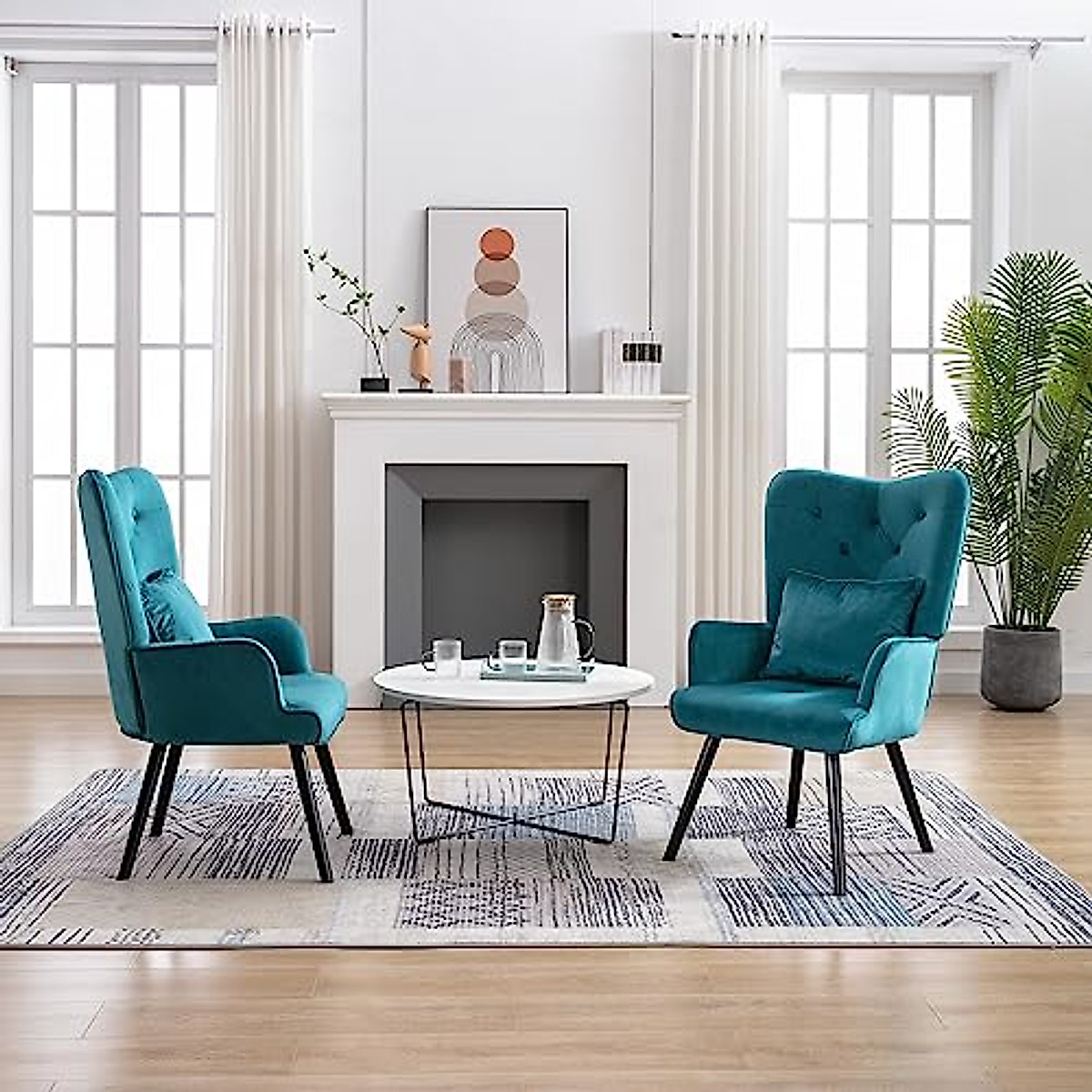 Accent Chairs Set for Living Room- Mid-Century Modern Comfy Reading Chair for Bedroom Adults Armchairs Sillones para Sala Sofa Tall Wingback Arm Chairs Microfiber Cushioned (Teal, 2 Chairs)