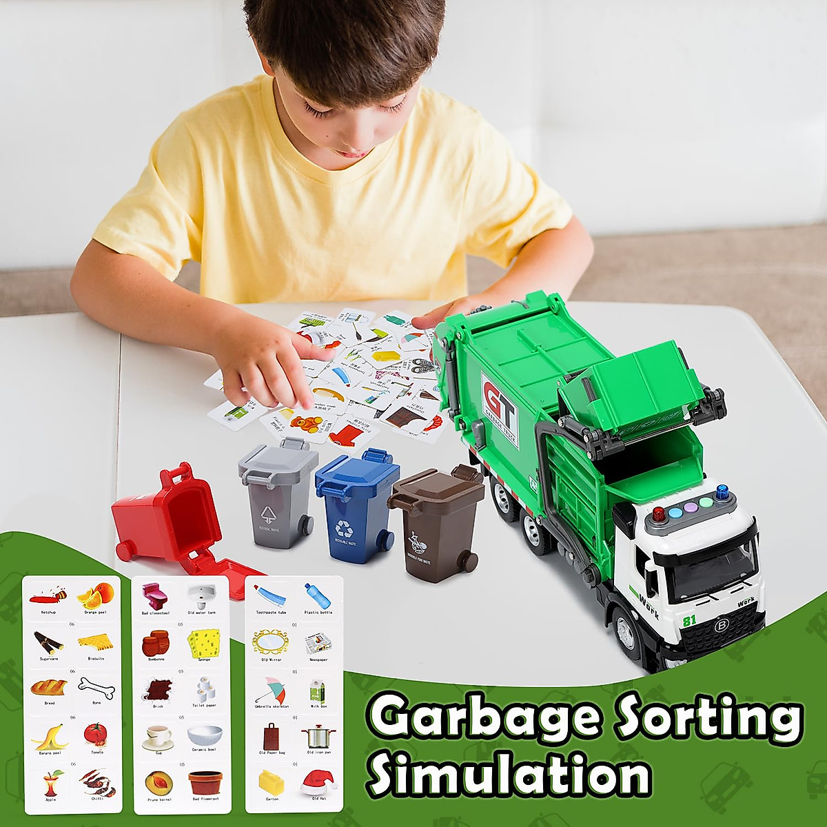 HOLYFUN Garbage Truck Toys Trash Truck with Sound and Light, Friction Powered Truck with 5 Garbage Cans, Push and Go Pull Back Car, for Boys