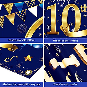 Happy 10 Year Old Birthday Banner Decorations for Boy - Blue Gold 10 Birthday Backdrop Party Supplies - 10th Birthday Poster Photo Background Sign Decor