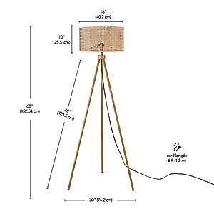 Globe Electric 65914 60" Floor Lamp, Faux Wood Tripod Base, Rattan Shade, On/Off Rotary Switch on Socket