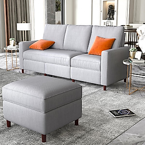 coeztt Convertible Sectional Sofa Couch, L-Shaped Sofa with Linen Fabric, 3 Seat with Movable Ottoman Small Couch for Small Apartments, Living Room and Office (Grey)