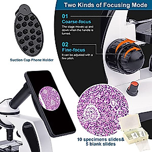 Monocular Microscope for Adults Students,40X-2000X Magnification,Dual LED Illumination Beginners Microscopes with Science Kits,Phone Adapter,Carrying Case,AC Adapter,15 Slides for Lab Class Study