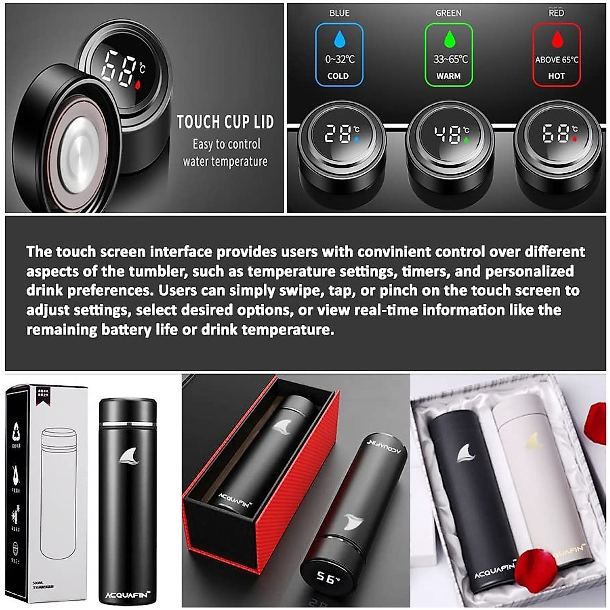 ACQUAFIN Vacuum Insulated Water Bottle - Digital Tumbler with Smart LED Temperature Display - Leak Proof 24H Thermos for Travel, School, Sports, Coffee, Tea, and Cold Drinks 500ML (Black).