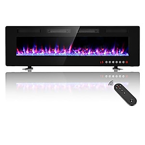 BREEZEHEAT 60inch Electric Fireplace Recessed Wall Mounted-Ultra Thin Fireplace Heater for Living Room/Bedroom with 2 Heat Vents, Remote Control, Touch Screen, Adjustable Flame, 8H Timer, 750w/1500w