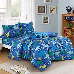Blue Dinosaurs Print Comforter Set for Boys Girls teen, Twin size bedding for kids bedroom include comforter fitted sheet pillow sham and Dinosaur Pillow (Blue Dinosaurs, Twin)