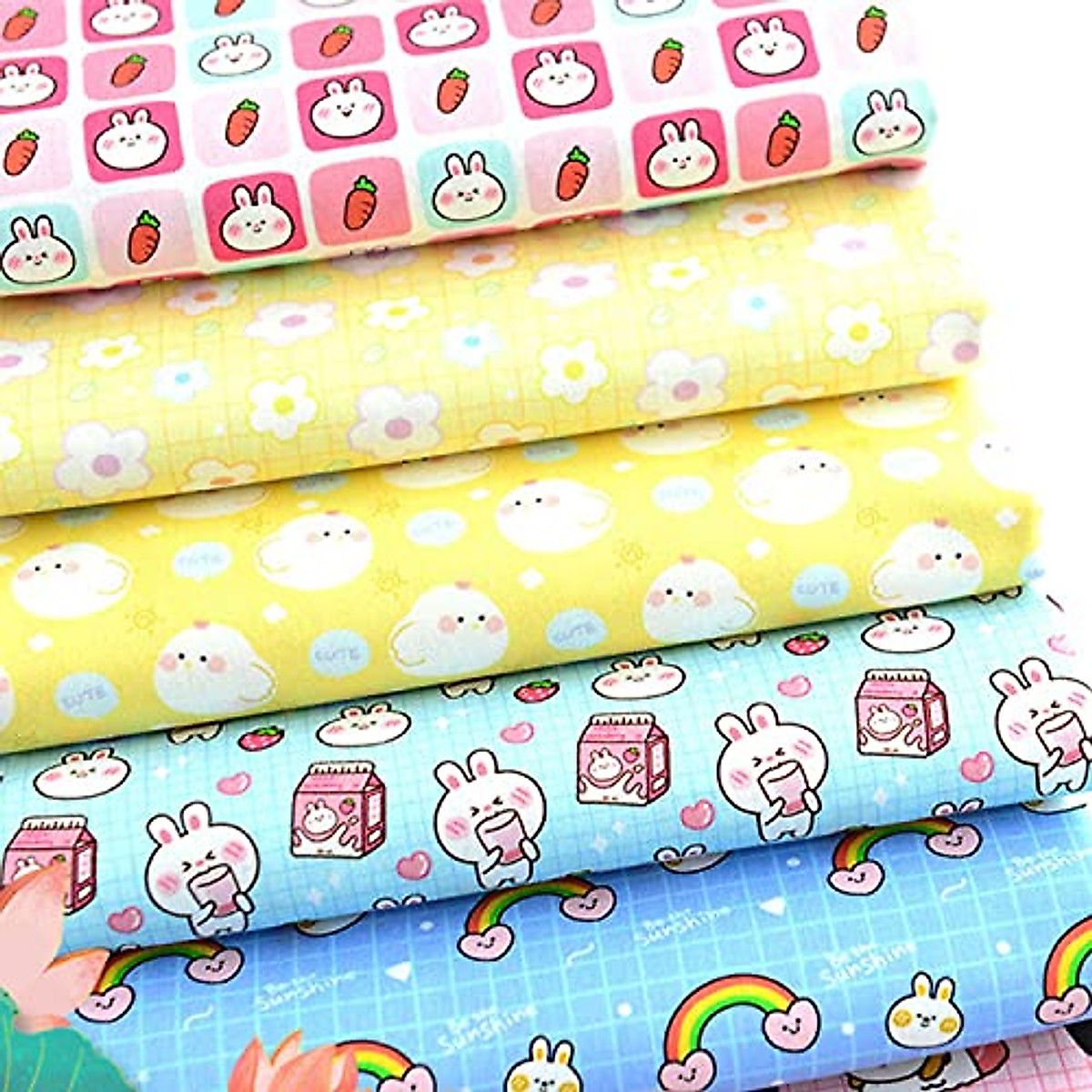 TINGCHAO Pure Cotton Fabric Simple Cartoon Cute Little Animal Rabbit Shiba Inu Sushi Drink Pattern Handmade Crafts Cloth for Sewing Girl Shirt Headband 130X50cm,A