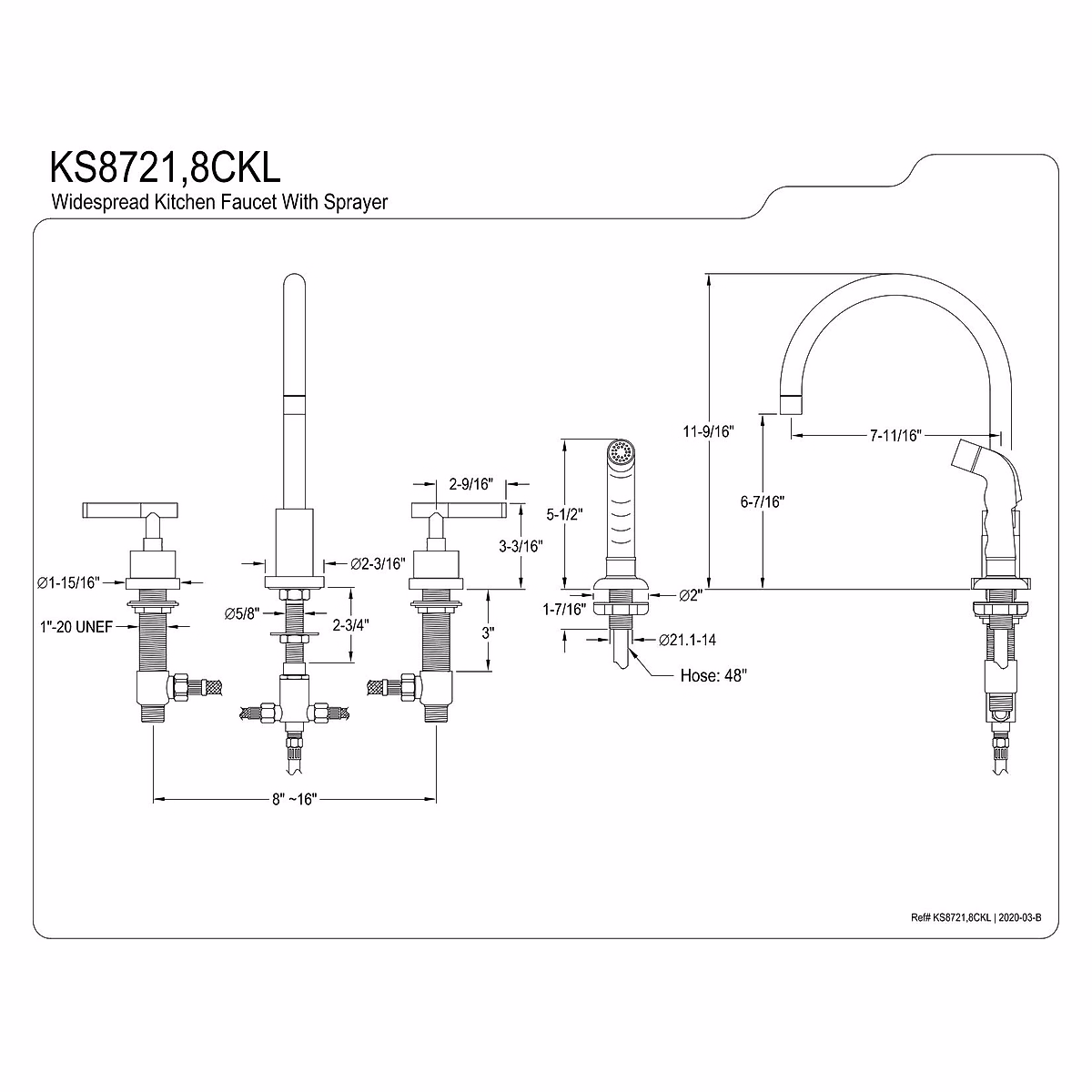 Kingston Brass KS8728CKL Kaiser Widespread Kitchen Faucet with Plastic Sprayer, Brushed Nickel