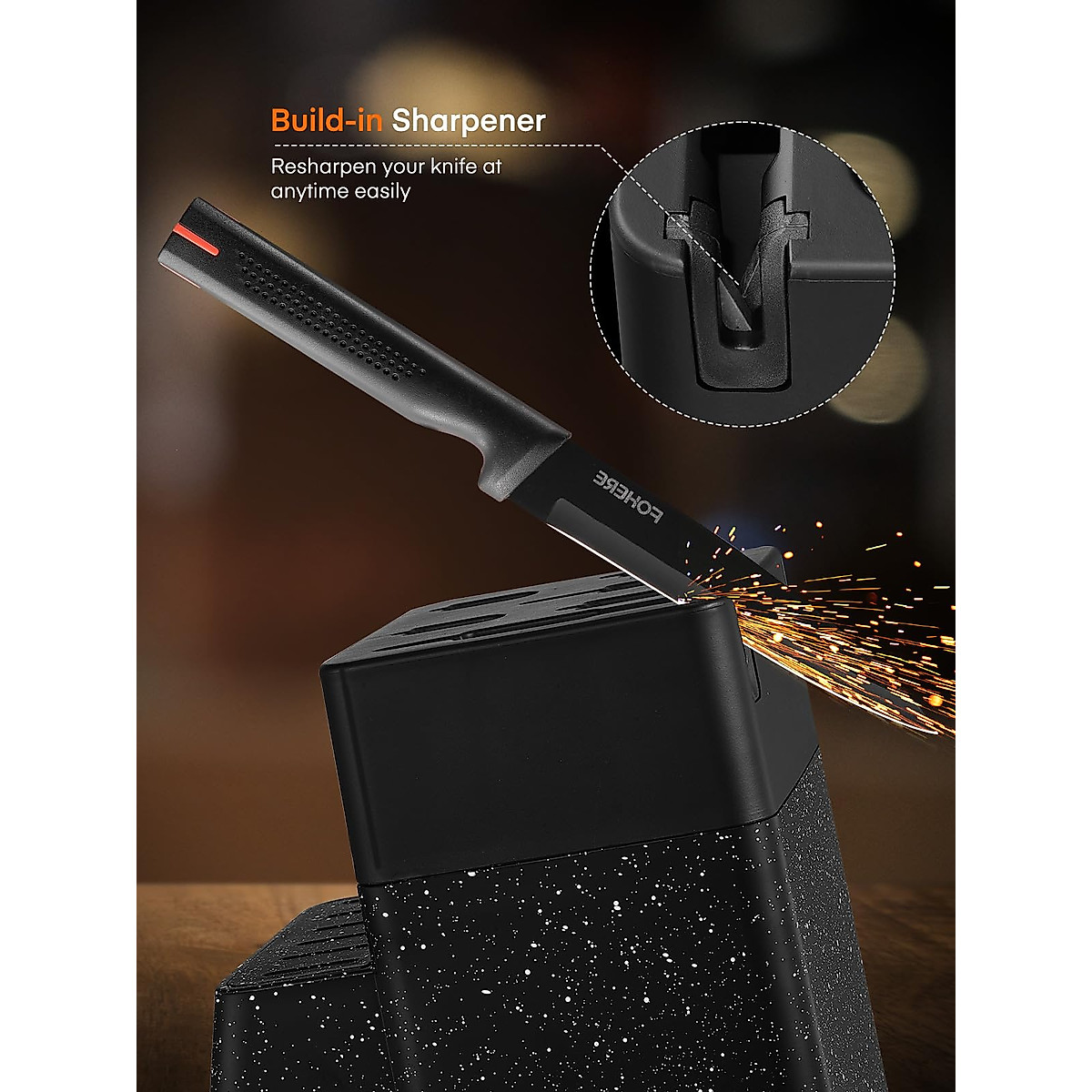 FOHERE Knife Set with Block 13 Pieces Stainless Steel Knife Sets for Kitchen with Built-in Sharpener Sharp Kitchen Knife Block Set with Granite Pattern, Anti-slip Handle Rust Resistant, Black