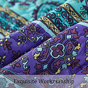 WONGS BEDDING Boho Quilt King Size, Blue Purple Bohemian King Quilt, Lightweight Microfiber Bed Decor Bedspread for All Season 103"x90"(3 Pieces)