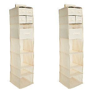 Juvale 2-Pack 7-Shelf Hanging Closet Organizer with 5 Drawers, 4 Shelves, and 4 Side Pockets, Foldable Non-Woven Cloth Storage for Bedroom and Hallway Closets (11.8x11.8x51 in, Beige)