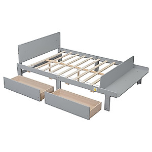 Full Size Bed Frame with 2 Storage Drawers, Wood Full Kids Platform Bed with Headboard and Footboard Bench for Bed Room Apartment, Full Storage Bed for Boys Girls (Grey with Drawers)