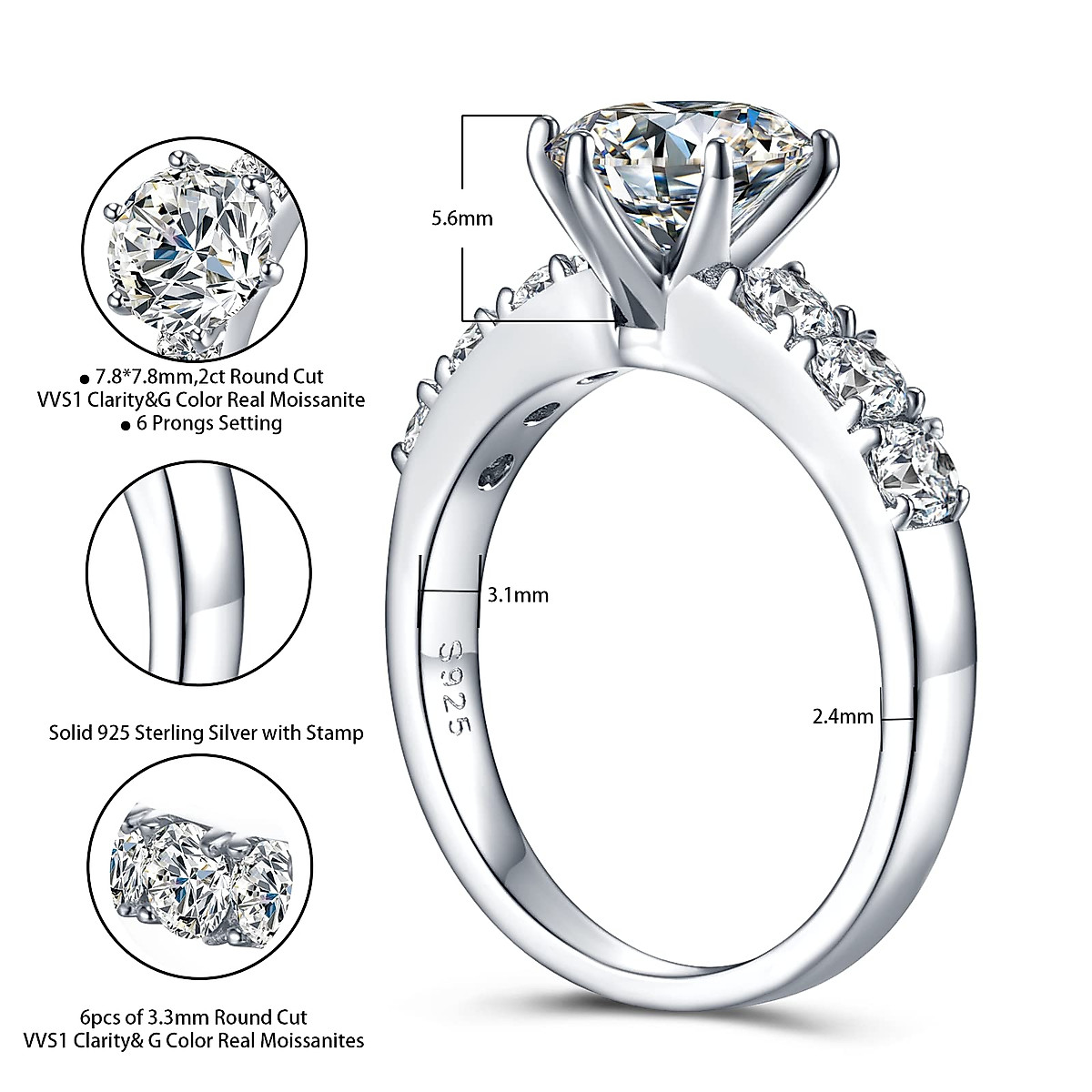 Atylyk Total 3.2cttw Center 2CT Moissanite Engagement Ring Wedding Promise Gold-plating Sterling Silver Rings for Women,Size 6.5