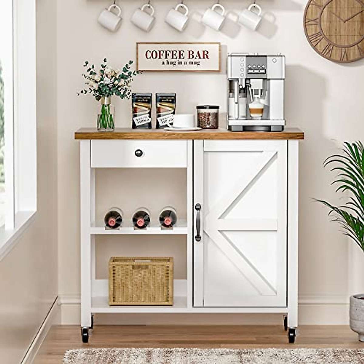 4 EVER WINNER Kitchen Island Cart on Wheel with Storage, 31" Farmhouse Island Table with Storage Drawer & Cabinet, Adjustable Shelf, Wine Rack,Rolling Small White Kitchen Coffee Cart for Dining Room