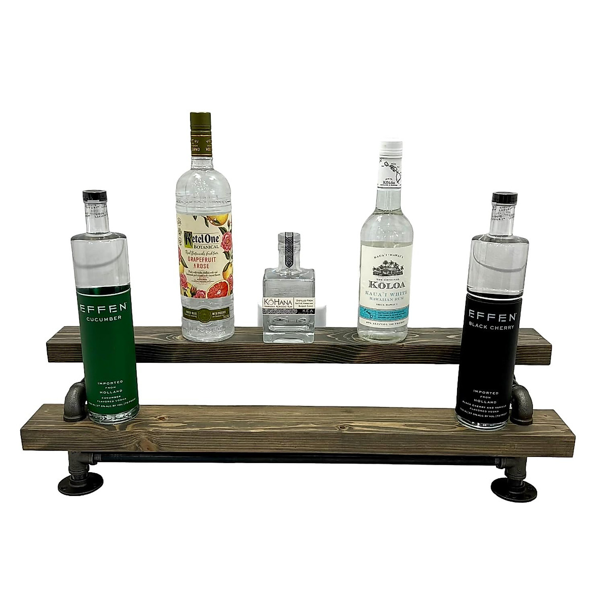 Freestanding Liquor Shelf | 2 Tier Industrial Bar Display | Liquor Bottle Display | Wood Wine Shelf | Bar Organization | Tiered Bottle Shelf (24", Aged Barrel)