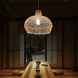 LATAFA Rattan Cage Chandelier Handmade Lamp Shade Light Fixture Ceiling Wicker Woven Pendant Light Adjustable Height Indoor Rattan Woven Hanging Lamp for Dining Room Bedroom Kitchen Island