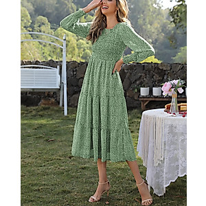 kimralur Womens Casual Long Sleeve Midi Fall Dress Crew Neck Boho Floral Print Smocked Ruffle Tiered Flowy Long Dress