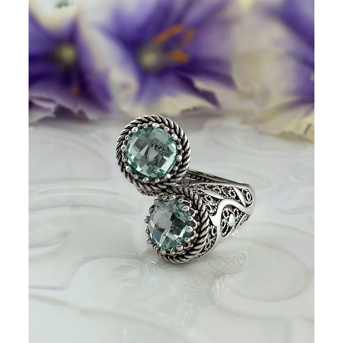 925 Sterling Silver Filigree Art Women Bypass Cocktail Ring, Gift Packed (Prasiolite, 11)