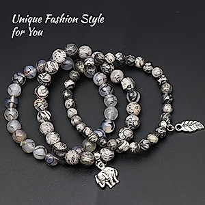 C&L Accessories Chakra Beaded Bracelets For Women Men Teens 3 Pcs Healing Bracelets Natural Gemstone Bead Ball Stretchable Bracelet Set with Elephant Leaf Pendant Charm (Gray/Dragon Vein)