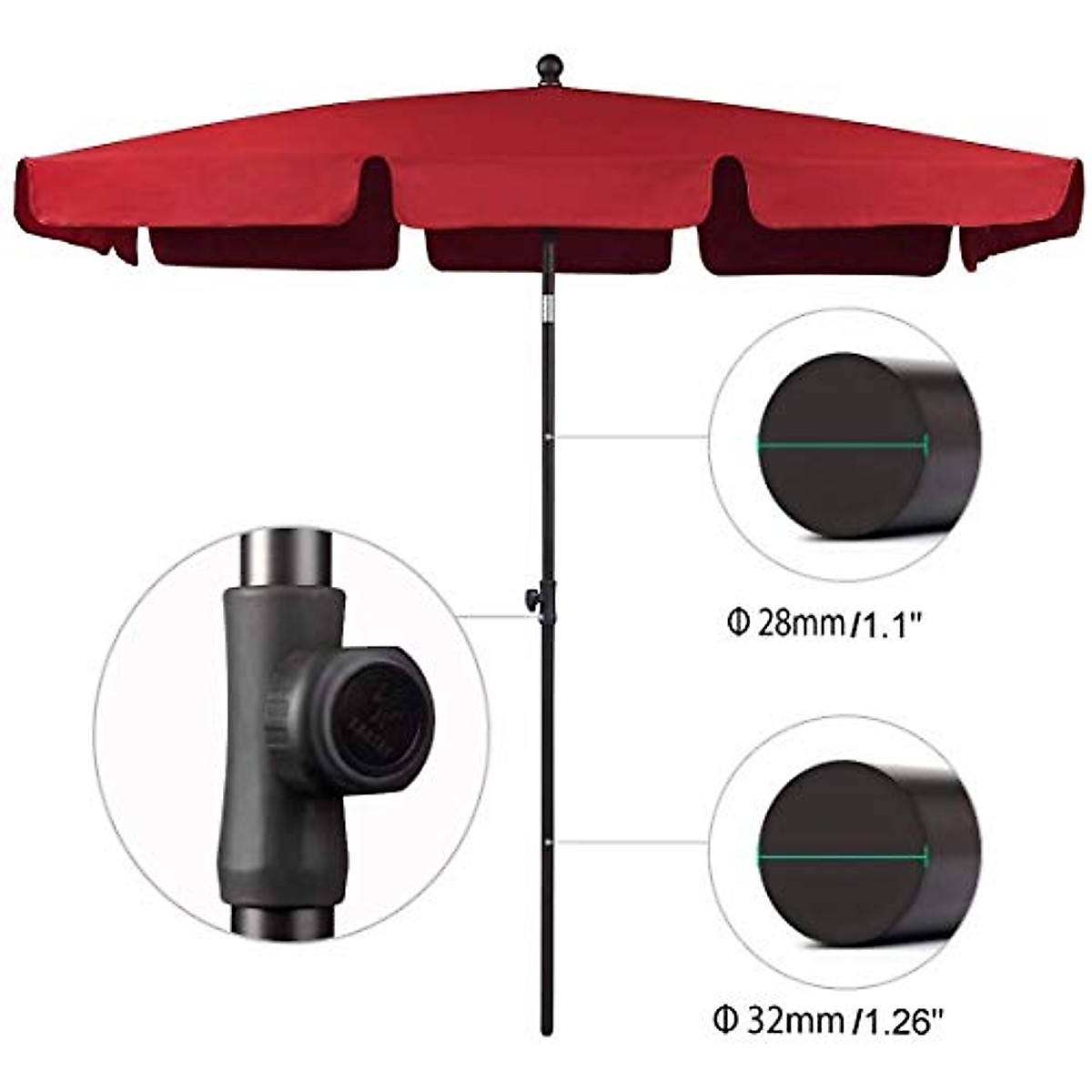 AMMSUN 6.5 x 4.2ft Rectangular Patio Umbrella Outdoor Market Table Umbrella Steel Pole and Ribs Push Button Tilt, Maroon