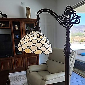 Amora Lighting Tiffany Style Floor Lamp Jeweled Adjustable White Cream Reading Standing Antique Vintage 62" Tall Stained Glass Living Room Bedroom Decor Gift AM028FL12B, 12 Inch Diameter