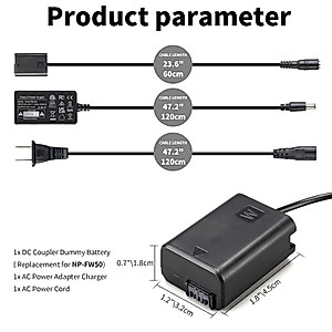 F1TP AC PW20 AC Power Supply Adapter NP-FW50 Dummy Battery Coupler kit for Sony Alpha A6500 A6400 A6300 A6100 A6000 A5100 A5000 A7II A7SII A7RII A7 A7S A7R RX10 II III IV NE ZV-E10 Cameras