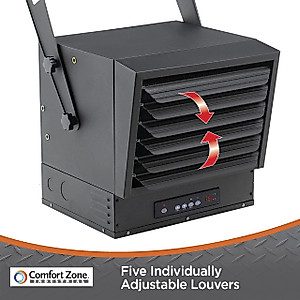 Comfort Zone Hard-Wired Digital Ceiling Mount Heater w/Full-Function Remote, 10,000 Watt, 240 Volt, Fan-Forced, Overheat Protection, Thermostat & 12-Hour Timer, Ideal for Garage & Workshop, CZ260ERBK